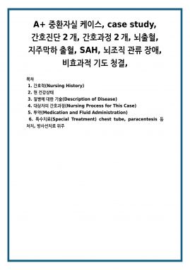중환자실 케이스, case study, 간호진단 2개, 간호과정 2개, 뇌출혈, 지주막하 출혈, SAH, 뇌조직 관류 장애, 비효과적 기도 청결,-1페이지