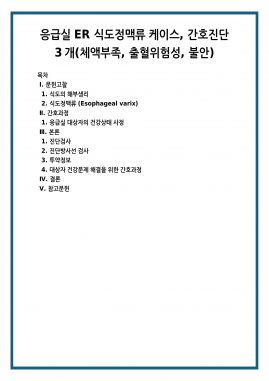 응급실 ER 식도정맥류 케이스, 간호진단 3개(체액부족, 출혈위험성, 불안)-1페이지
