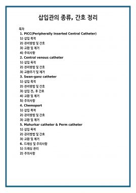 삽입관의 종류, 간호 정리-1페이지