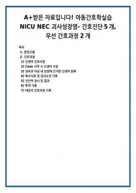아동간호학실습 NICU NEC 괴사성장염- 간호진단5개, 우선 간호과정 2개-1페이지