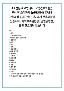 모성간호학실습 만삭 전 조기파막 (pPROM) CASE 간호과정 3개 간호진단, 3개 간호과정이 있습니다. 체액부족위험성, 감염위험성, 불안 간호과정 있습니다-1페이지