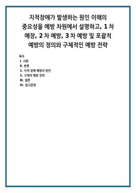 지적장애가 발생하는 원인 이해의 중요성을 예방 차원에서 설명하고, 1차 예장, 2차 예방, 3차 예방 및 포괄적 예방의 정의와 구체적인 예방 전략-1페이지