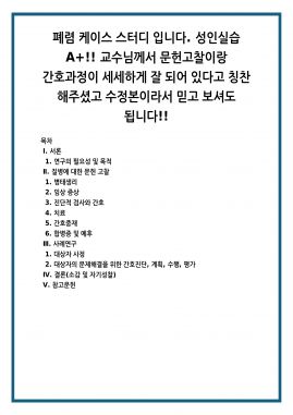 폐렴 케이스 스터디 입니다. 성인실습 교수님께서 문헌고찰이랑 간호과정이 세세하게 잘 되어 있다고 칭찬 해주셨고 수정본이라서 믿고 보셔도 됩니다-1페이지