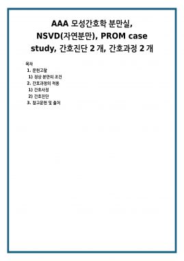 AAA 모성간호학 분만실, NSVD(자연분만), PROM case study, 간호진단 2개, 간호과정 2개-1페이지