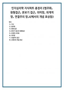 인지심리학 지식파트 총정리 (범주화, 원형접근, 본보기 접근, 의미망, 위계적 망, 연결주의 망,뇌에서의 개념 표상등)-1페이지