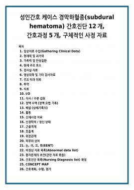 성인간호 케이스 경막하혈종(subdural hematoma) 간호진단 12개, 간호과정 5개, 구체적인 사정 자료-1페이지