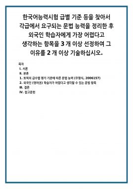 한국어능력시험 급별 기준 등을 찾아서 각급에서 요구되는 문법 능력을 정리한 후 외국인 학습자에게 가장 어렵다고 생각하는 항목을 3개 이상 선정하여 그 이유를 2개 이상 기술하십시오-1페이지