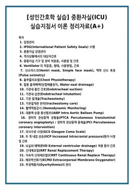 [성인간호학 실습] 중환자실(ICU) 실습지침서 이론 정리자료-1페이지