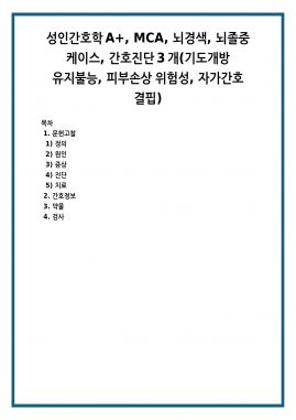 성인간호학, MCA, 뇌경색, 뇌졸중 케이스, 간호진단3개(기도개방 유지불능, 피부손상 위험성, 자가간호 결핍)-1페이지