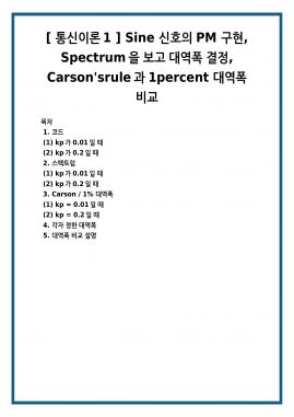 [ 통신이론1 ] Sine 신호의 PM 구현, Spectrum을 보고 대역폭 결정, Carsonsrule과 1percent 대역폭 비교-1페이지