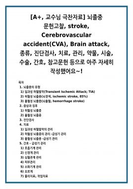 뇌졸중 문헌고찰, stre, Cerebrovascular accident(CVA), Brain attack, 종류, 진단검사, 치료, 관리, 약물,-1페이지