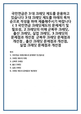 국민연금은 3대 크레딧 제도를 운용하고 있습니다 3대 크레딧 제도를 아래의 목차 순으로 작성을 하여 제출해주시기 바랍니다( 1국민연금 크레딧제도의 문제제기 및 필요성, 2크레딧의 이해 군복무 크레딧, 출산 크레딧, 실업 크레딧, 3크레딧의 문제점과 개선점  군복무 크레딧 문제점과 개선점 , 출산 크레딧 문제점과 개선점, 실업 크레딧 문제점과 개선점-1페이지