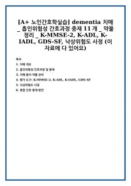 [노인간호학실습] dementia 치매 _ 흡인위험성 간호과정 중재 11개 _ 약물 정리 _ K-MMSE-2, K-ADL, K-IADL, GDS-SF, 낙상위험도 사정 (이 자료에 다 있어요)-1페이지