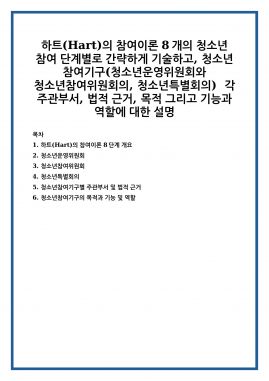 하트(Hart)의 참여이론 8개의 청소년 참여 단계별로 간략하게 기술하고, 청소년 참여기구(청소년운영위원회와 청소년참여위원회의, 청소년특별회의)  각 주관부서, 법적 근거, 목적 그리고 기능과 역할에 대한 설명-1페이지