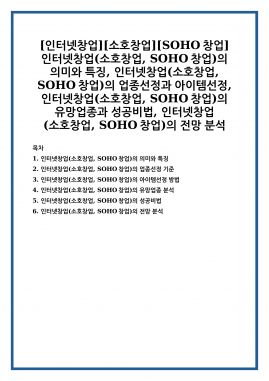 [인터넷창업][소호창업][SOHO창업]인터넷창업(소호창업, SOHO창업)의 의미와 특징, 인터넷창업(소호창업, SOHO창업)의 업종선정과 아이템선정, 인터넷창업(소호창업, SOHO창업)의 유망업종과 성공비법, 인터넷창업(소호창업, SOHO창업)의 전망 분석-1페이지