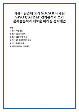 카쉐어링업체 쏘카 SOCAR 마케팅 SWOT,STP,4P전략분석과 쏘카 문제점분석과 새로운 마케팅 전략제안-1페이지