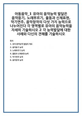아동음악_1 유아의 음악능력 발달은 음악듣기, 노래부르기, 율동과 신체표현, 악기연주, 음악창작의 다섯 가지 능력으로 나누어진다 각 영역별로 유아의 음악능력을 자세히 기술하시오 2 각 능력발달에 대한 사례와 다신의 견해를 기술하시오-1페이지