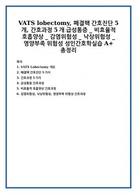 VATS lobectomy, 폐결핵 간호진단 5개, 간호과정 5개 급성통증 _ 비효율적 호흡양상 _ 감염위험성 _ 낙상위험성 _ 영양부족 위험성 성인간호학실습 총정리-1페이지