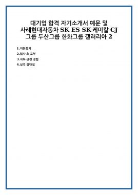 대기업 합격 자기소개서 예문 및 사례현대자동차 SK ES SK케미칼 CJ그룹 두산그룹 한화그룹 갤러리아 2-1페이지