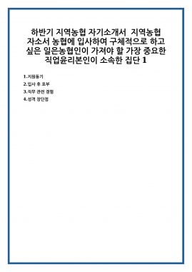 하반기 지역농협 자기소개서 자소서 농협에 입사하여 구체적으로 하고 싶은 일은농협인이 가져야 할 가장 중요한 직업윤리본인이 소속한 집단1-1페이지