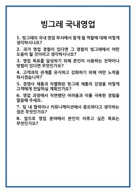 [면접] 빙그레 국내영업 면접 질문 및 답변 합격 예문 기출 문항 최종 준비 자료-1페이지