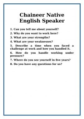 [면접] Chaineer Native English Speaker 면접 질문 및 답변 합격 예문 기출 문항 최종 준비 자료-1페이지