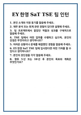 [면접] EY한영 SaT TSE 팀 인턴 면접 질문 및 답변 합격 예문 기출 문항 최종 준비 자료-1페이지