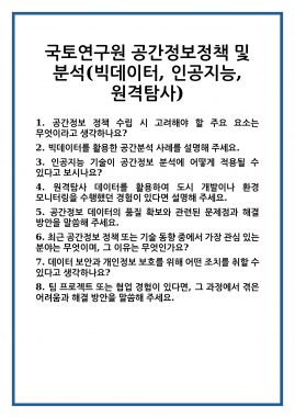 [면접] 국토연구원 공간정보정책 및 분석(빅데이터, 인공지능, 원격탐사) 면접 질문 답변 합격 예문 기출 문항 최종 준비 자료-1페이지