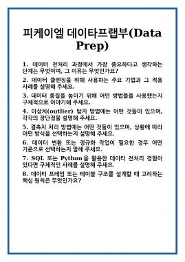 [면접] 피케이엘 데이타프랩부(Data Prep) 면접 질문 및 답변 합격 예문 기출 문항 최종 준비 자료-1페이지