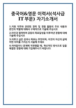 [자기소개서 합격자료] 중국어&영문 이력서(석사급 IT부문) 자기소개서 합격 자소서 예문 기출 문항 최종 준비 자료-1페이지
