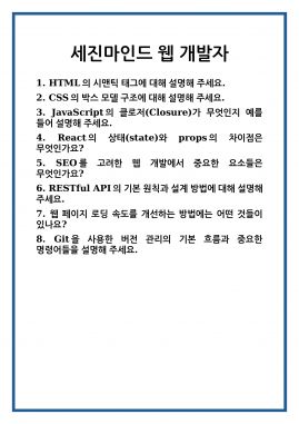 [면접 합격자료] 세진마인드 웹 개발자 면접 질문 및 답변 합격 예문 기출 문항 최종 준비 자료-1페이지