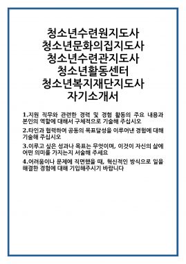 [자기소개서 합격자료] 청소년수련원지도사 청소년문화의집지도사 청소년수련관지도사 청소년활동센터 청소년복지재단지도사 자기소개서 합격 자소서 예문 기출 문항 최종 준비 자료-1페이지