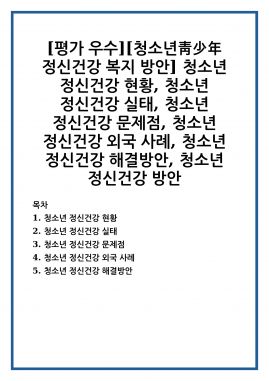 [평가 우수][청소년靑少年 정신건강 복지 방안] 청소년 정신건강 현황, 청소년 정신건강 실태, 청소년 정신건강 문제점, 청소년 정신건강 외국 사례, 청소년 정신건강 해결방안, 청소년 정신건강 방안-1페이지