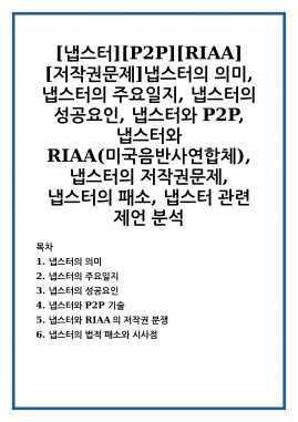 [냅스터][P2P][RIAA][저작권문제]냅스터의 의미, 냅스터의 주요일지, 냅스터의 성공요인, 냅스터와 P2P, 냅스터와 RIAA(미국음반사연합체), 냅스터의 저작권문제, 냅스터의 패소, 냅스터 관련 제언 분석-1페이지