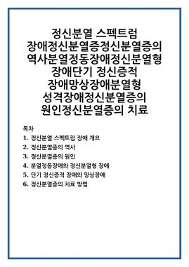 정신분열 스펙트럼 장애정신분열증정신분열증의 역사분열정동장애정신분열형 장애단기 정신증적 장애망상장애분열형 성격장애정신분열증의 원인정신분열증의 치료-1페이지