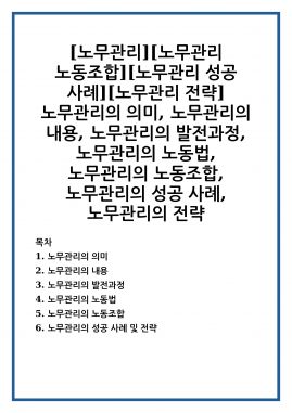 [노무관리][노무관리 노동조합][노무관리 성공 사례][노무관리 전략]노무관리의 의미, 노무관리의 내용, 노무관리의 발전과정, 노무관리의 노동법, 노무관리의 노동조합, 노무관리의 성공 사례, 노무관리의 전략-1페이지
