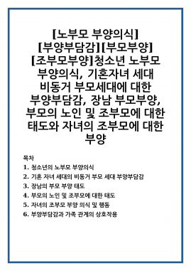 [노부모 부양의식][부양부담감][부모부양][조부모부양]청소년 노부모 부양의식, 기혼자녀 세대 비동거 부모세대에 대한 부양부담감, 장남 부모부양, 부모의 노인 및 조부모에 대한 태도와 자녀의 조부모에 대한 부양-1페이지