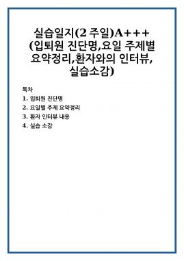 실습일지(2주일)(입퇴원 진단명,요일 주제별 요약정리,환자와의 인터뷰,실습소감)-1페이지
