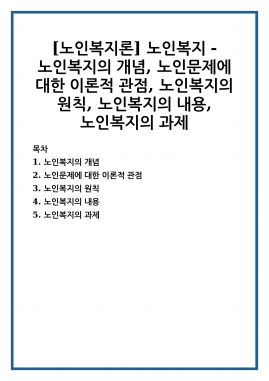 [노인복지론] 노인복지 - 노인복지의 개념, 노인문제에 대한 이론적 관점, 노인복지의 원칙, 노인복지의 내용, 노인복지의 과제-1페이지
