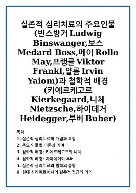 실존적 심리치료의 주요인물(빈스방거Ludwig Binswanger,보스Medard Boss,메이Rollo May,프랭클Viktor Frankl,얄롬Irvin Yaiom)과 철학적 배경(키에르케고르Kierkegaard,니체Nietzsche,하이데거Heidegger,부버Buber)-1페이지
