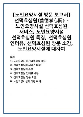 [노인요양시설 방문 보고서] 선덕효심원(善德孝心阮) - 노인요양시설 선덕효심원 서비스, 노인요양시설 선덕효심원 특징, 선덕효심원 인터뷰, 선덕효심원 방문 소감, 노인요양시설에 대하여-1페이지