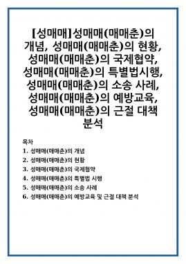 [성매매]성매매(매매춘)의 개념, 성매매(매매춘)의 현황, 성매매(매매춘)의 국제협약, 성매매(매매춘)의 특별법시행, 성매매(매매춘)의 소송 사례, 성매매(매매춘)의 예방교육, 성매매(매매춘)의 근절 대책 분석-1페이지