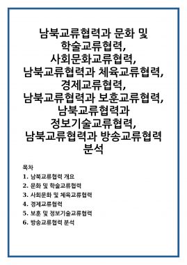 남북교류협력과 문화 및 학술교류협력, 사회문화교류협력, 남북교류협력과 체육교류협력, 경제교류협력, 남북교류협력과 보훈교류협력, 남북교류협력과 정보기술교류협력, 남북교류협력과 방송교류협력 분석-1페이지