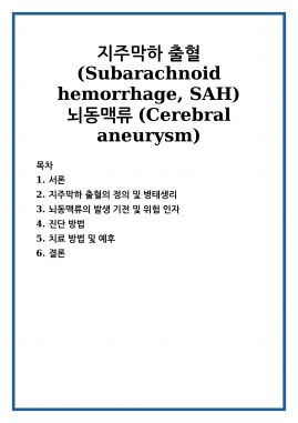 지주막하 출혈 (Subarachnoid hemorrhage, SAH)  뇌동맥류 (Cerebral aneurysm)-1페이지