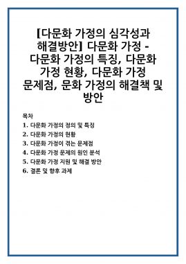 [다문화 가정의 심각성과 해결방안] 다문화 가정 - 다문화 가정의 특징, 다문화 가정 현황, 다문화 가정 문제점, 문화 가정의 해결책 및 방안-1페이지