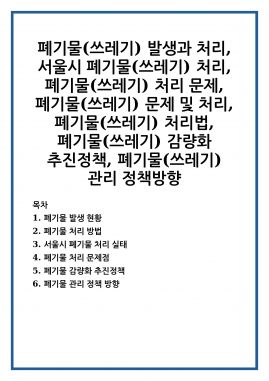 폐기물(쓰레기) 발생과 처리, 서울시 폐기물(쓰레기) 처리, 폐기물(쓰레기) 처리 문제, 폐기물(쓰레기) 문제 및 처리, 폐기물(쓰레기) 처리법, 폐기물(쓰레기) 감량화 추진정책, 폐기물(쓰레기) 관리 정책방향-1페이지