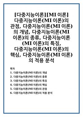 [다중지능이론][MI이론]다중지능이론(MI이론)의 관점, 다중지능이론(MI이론)의 개념, 다중지능이론(MI이론)의 종류, 다중지능이론(MI이론)의 특징, 다중지능이론(MI이론)의 핵심, 다중지능이론(MI이론)의 적용 분석-1페이지