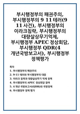 부시행정부의 패권주의, 부시행정부의 9 11테러(9 11사건), 부시행정부의 이라크침략, 부시행정부의 대량살상무기억제, 부시행정부 APEC정상회담, 부시행정부 QDR(4개년국방보고서), 부시행정부 정책평가-1페이지