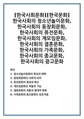 [한국사회문화][한국문화]한국사회의 청소년놀이문화, 한국사회의 동창회문화, 한국사회의 퓨전문화, 한국사회의 계모임문화, 한국사회의 결혼문화, 한국사회의 가족문화, 한국사회의 종교문화, 한국사회의 광고문화-1페이지