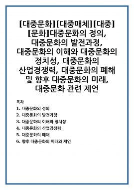 [대중문화][대중매체][대중][문화]대중문화의 정의, 대중문화의 발전과정, 대중문화의 이해와 대중문화의 정치성, 대중문화의 산업경쟁력, 대중문화의 폐해 및 향후 대중문화의 미래, 대중문화 관련 제언-1페이지